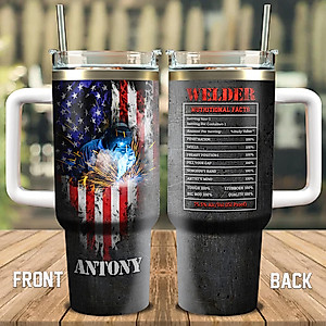 WAZONE Personalized Welder Tumbler Nutrition Facts Tumbler 40oz with Handle and Straw Stainless Steel American Flag Pride Gifts Birthday Christmas Fathers Day for Men Welders Women Dad Grandpa
