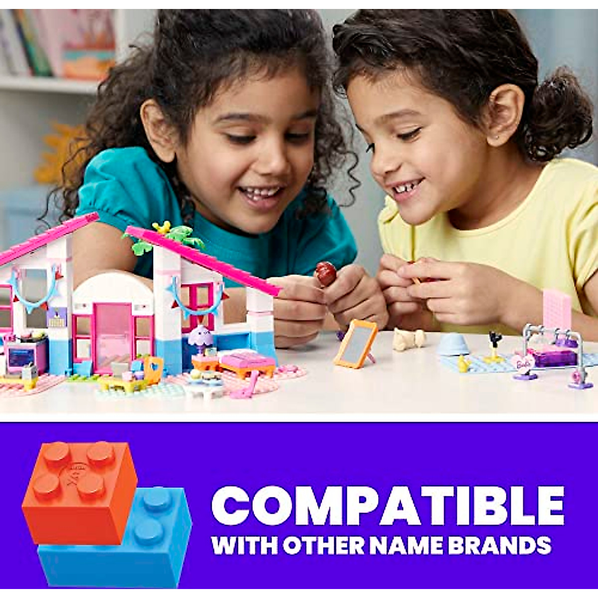 MEGA Barbie Building Toys Playset, Malibu Dream House with 303 Pieces, 2 Micro-Dolls, Accessories and Furniture, 3 Pets