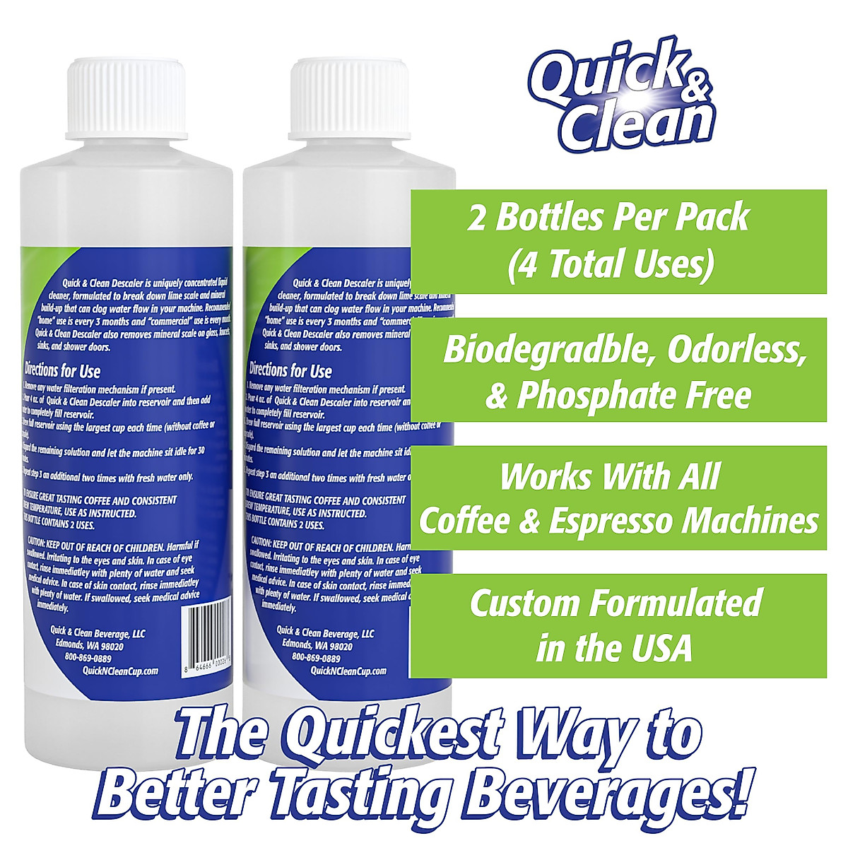 Quick & Clean 2-Pack Descaler (4 Total Uses) - Made in the USA - Descaling Solution for Keurig, Nespresso, Ninja, Delonghi, Coffee and Espresso Machines