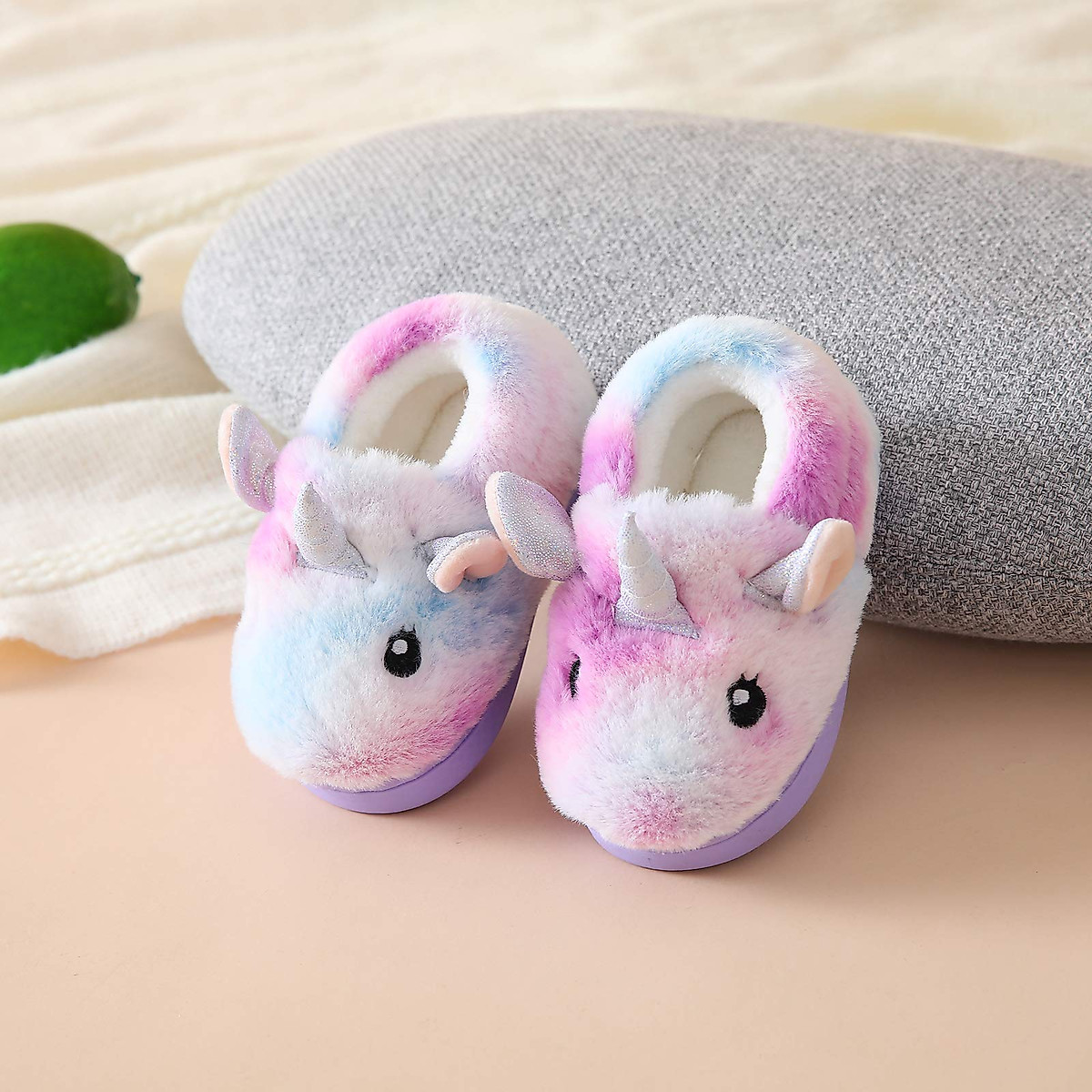 Ainikas Boys Girls Plush House Slippers Toddler Liitle Kids Warm Fluffy Fuzzy Slippers Nonslip Winter Slippers, Purple-01, 12-13 Little Kid