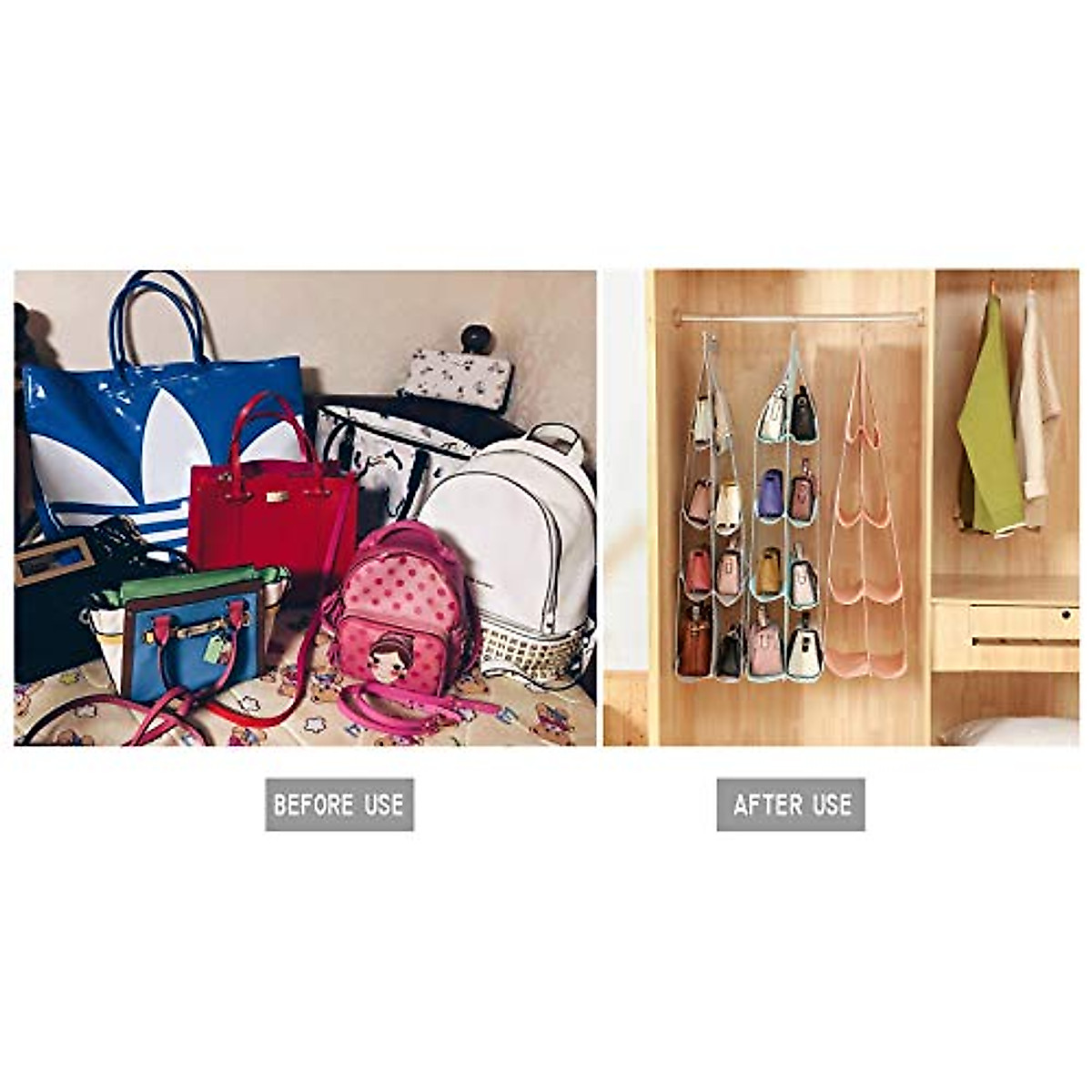 AARAINBOW 1 Pack Hanging Handbag Purse Organizer, Polyester Fiber+PVC Purse Bag Organizor 8 Pockets Wardrobe Closet Space Saving, Washable, 41L x 13.5W (B-Light Gray)