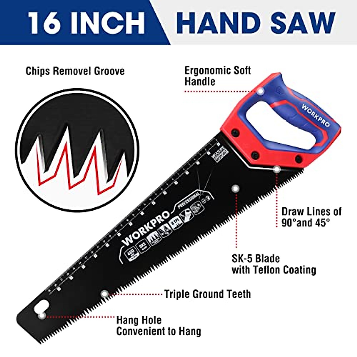 WORKPRO Hand Saw, 16-Inch Universal Handsaw with Non-Slip Comfortable Handle, Anti-rust Wood Saw With Chip Removal Design, Heavy-Duty Hand Saw for Cutting Wood, Laminate, PVC
