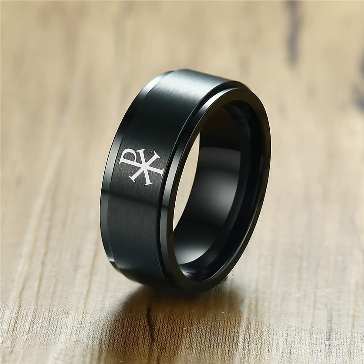 Stainless Steel Christian Symbol Cross Spinner Ring Religious Catholic Greek Letter XP Name of Christ Amulet Rotatable Anxiety Relieving Finger Ring for Men Women, Black, 9