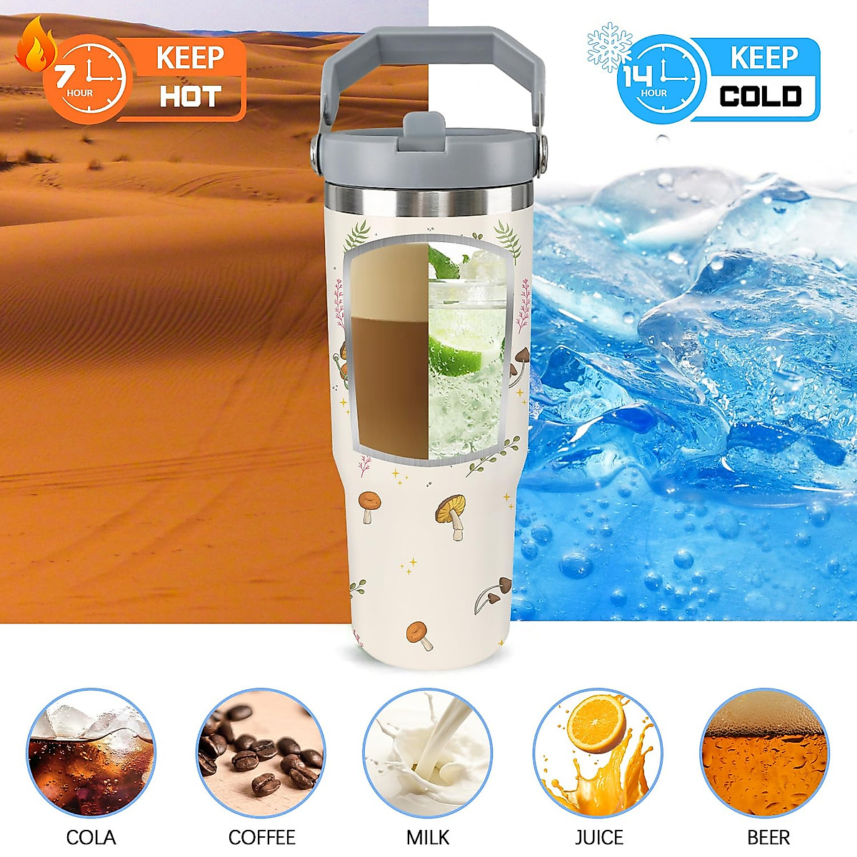 Unyopsa Frog Tumbler with Straw 30oz Insulated Mushroom Tumbler with Lid Cute Mugs Cup with Handle Frog Gifts for Women