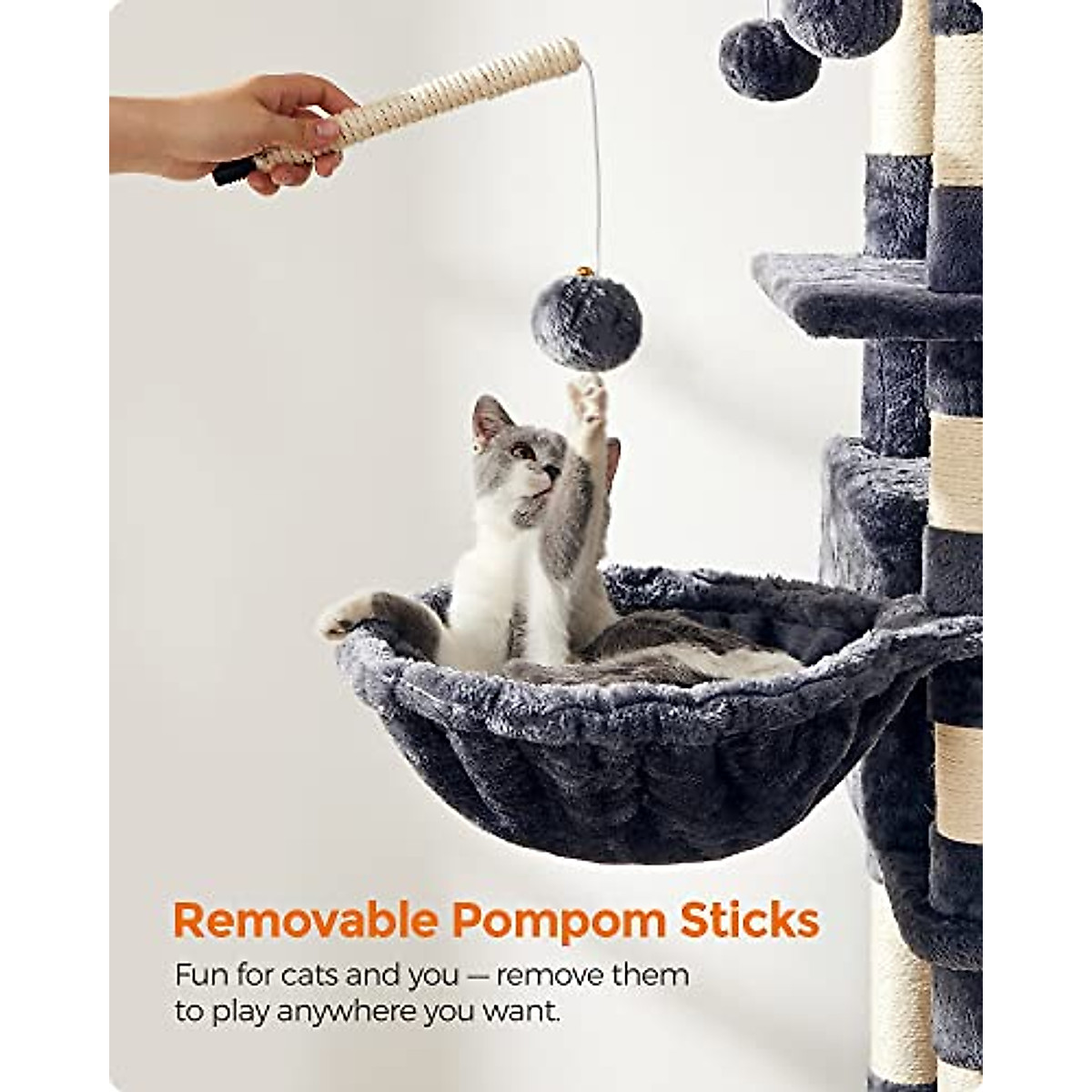 FEANDREA Cat Tree, Large Cat Tower, 64.6 Inches, Cat Activity Center with Hammock, Basket, Removable Fur Ball Sticks, Cat Condo, Smoky Gray UPCT087G01