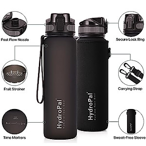 Unistar Water Bottle with Time Marker -Large 34 oz Tritan Bottle & No Sweat Sleeve -Leak Proof Gym Sports Bottle with Fruit Infuser Strainer & Carrying Strap - Gift Package for Christmas