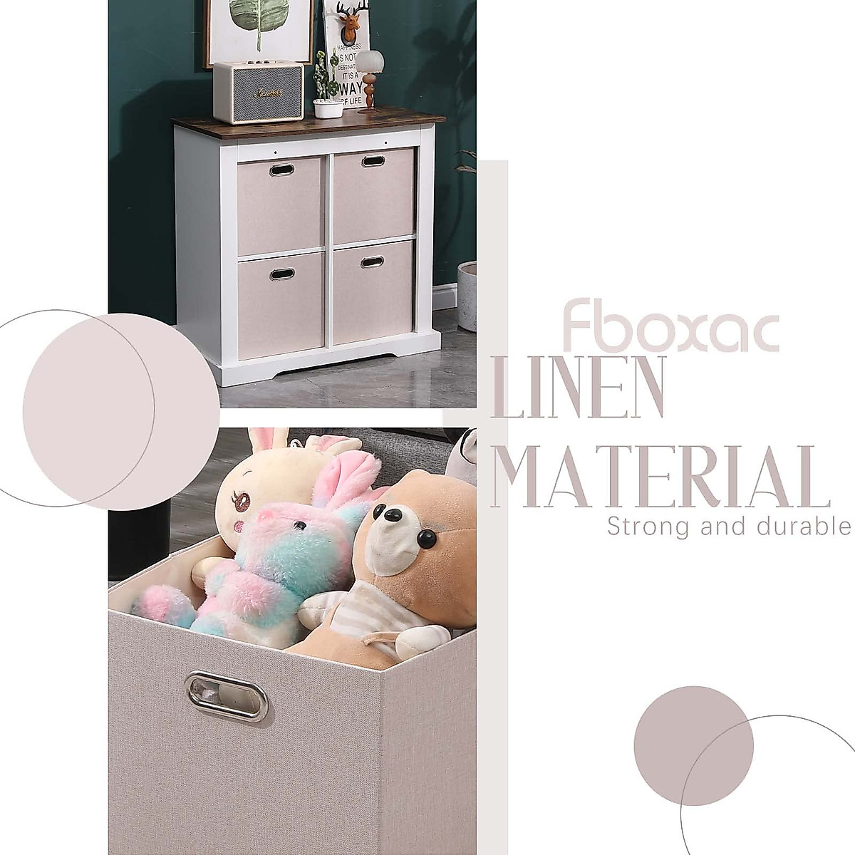 Fboxac Cube Storage Bins 13×13 Linen Foldable Box with Handles, Collapsible Organization Basket Set of 4 Large Capacity Drawer for Closet Shelf Cabinet Bookcase Bedroom, Beige Sepia