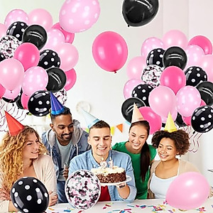 Black Pink Balloons, 60 Pack 12Inch Hot Pink Black White Party Balloons with Polka Dot balloon Confetti Balloons, Black Pink Latex Balloons for Girls Mouse Theme Birthday Party Baby Shower Decoration