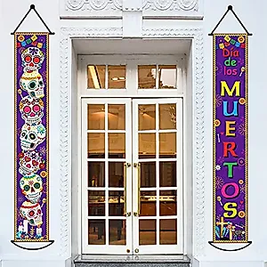 Day of The Dead Decorations Banner Mexican Party Dia de Los Muertos Decorations Porch Sign Skull Hanging Flag Fiesta Decoration for Indoor/Outdoor (Purple)