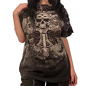 Y2k Graphic Tees for Women Oversized Short Sleeve Vintage Aesthetic Skull Printed Graphic Baggy T Shirts Teen Girls Grunge Tops Summer Clothes 90s Streetwear Clothing(White Skull Print, S)
