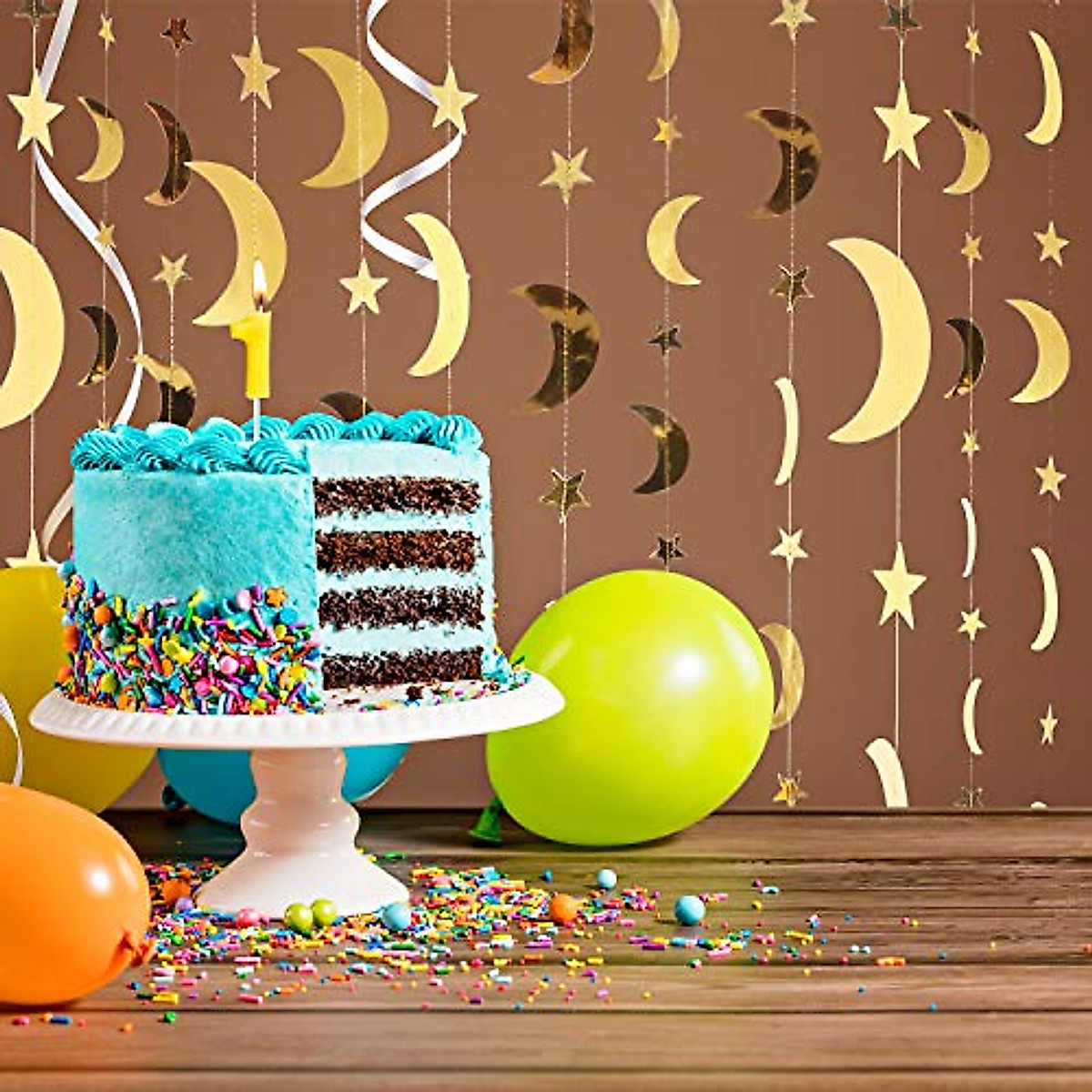 Glitter Star Moon Garland Banner Decoration, 130 Feet Gold Bright Star Moon Paper Garland Hanging Bunting Banner Backdrop for Graduation Class Congrats Grad Party Decoration