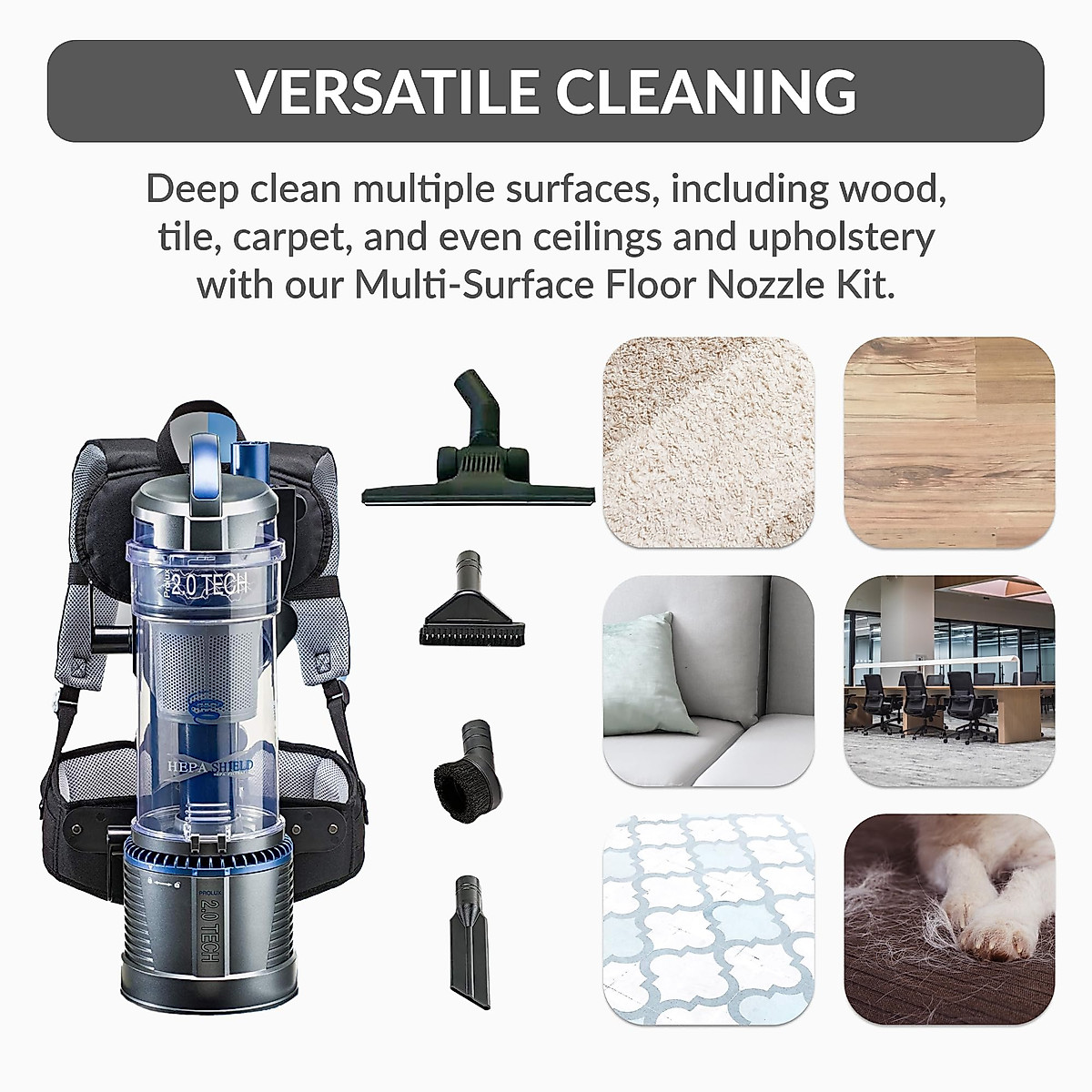 Prolux 2.0 Standard Bagless Backpack Vacuum Cleaner, Lightweight & Comfortable for Residential & Industrial Use, Double HEPA Filtration, Multiple Attachments, Padded Straps