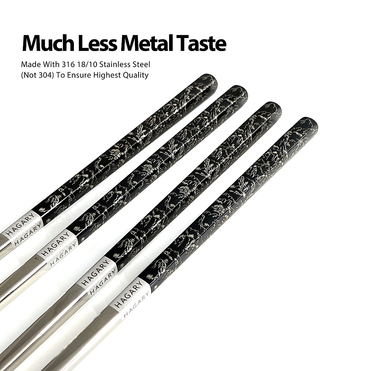 Hagary Mountain Black Chopsticks Metal Chopsticks Reusable Designed In Korea Japanese Style Stainless Steel 316 18/10 Non-Slip Dishwasher Safe (Black - 2 Pairs)