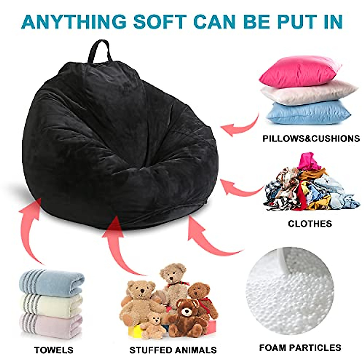 MFTEK Bean Bag Chair Cover(No Filling), Large Washable Soft Velvet Bean Bag, Stuffed Animal Storage or Memory Foam for Kid Adults, 35’’×35’’×43’’ (Black)