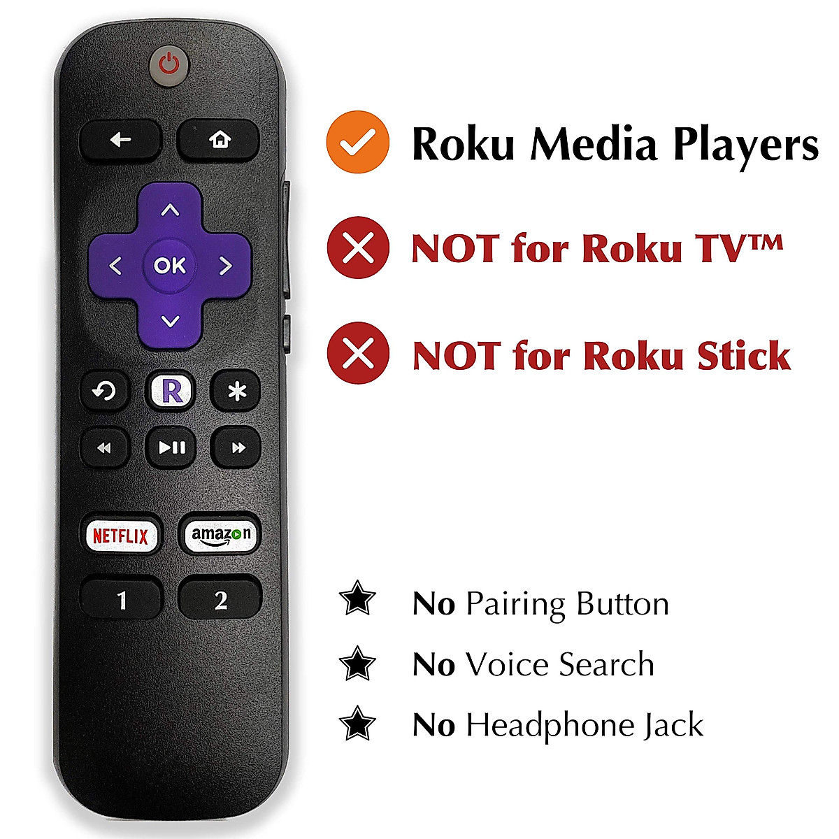 Amaz247 IR Learning Remote for Roku Box Players, Compatible with Roku 1, 2, 3, 4 (HD, LT, XS, XD), Roku Express, Premiere, Ultra, with TV Power and Volume Control, Quick Access Disney+, YouTube, ESPN