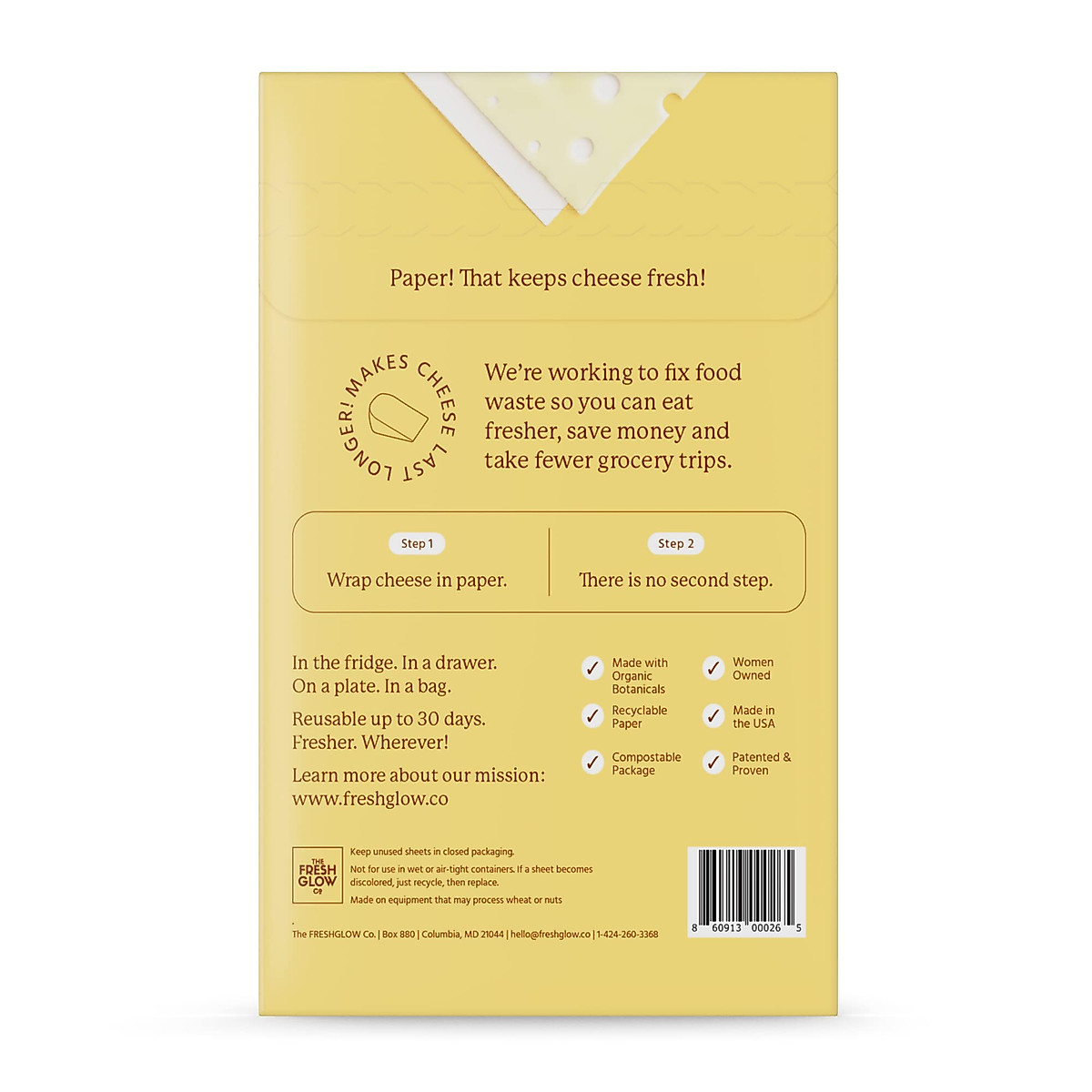 THE FRESHGLOW Co FRESHPAPER Food Saver Sheets for Cheese, 8 Reusable Sheets (1 Pack), Keeps Cheese Fresh for 2-4x Longer- Made in the USA