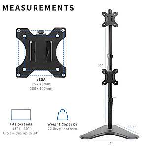 VIVO Dual Monitor Desk Stand Free-Standing LCD Mount, Holds in Stacked Vertical Position 2 Ultrawide Screens up to 34 inches, Black, STAND-V002L