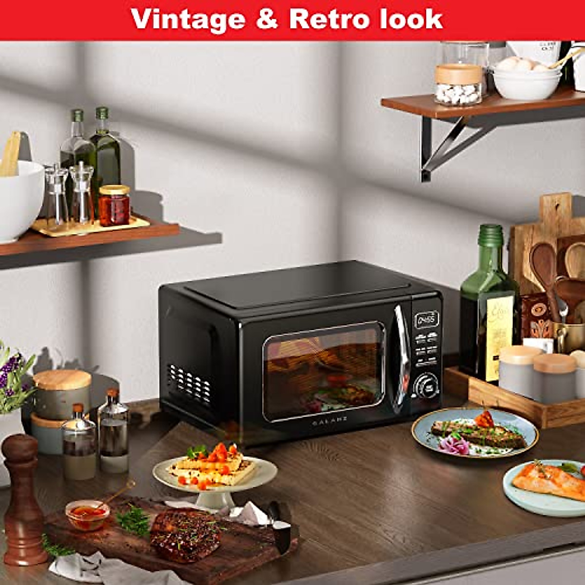 Galanz GLCMKZ09BKR09 Retro Countertop Microwave Oven with Auto Cook & Reheat, Defrost, Quick Start Functions, Easy Clean with Glass Turntable, Pull Handle, 0.9 cu ft, Black