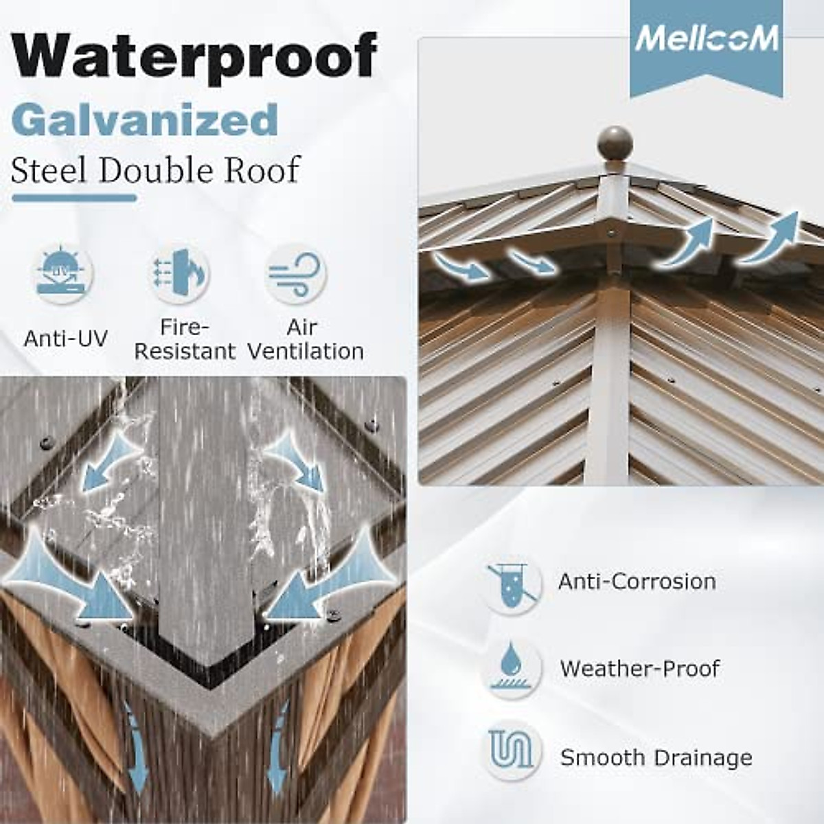 MELLCOM 12' x 20' Hardtop Gazebo,Galvanized Steel Metal Double Roof Aluminum Gazebo with Curtain and Netting,Brown Permanent Pavilion Frame for Patio, Lawn & Garden