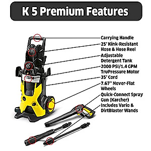 Kärcher K5 Premium Electric Pressure Washer 2000 PSI - with Vario Power & Dirtblaster Wands, Pressurized Hose Reel - 1.4 GPM