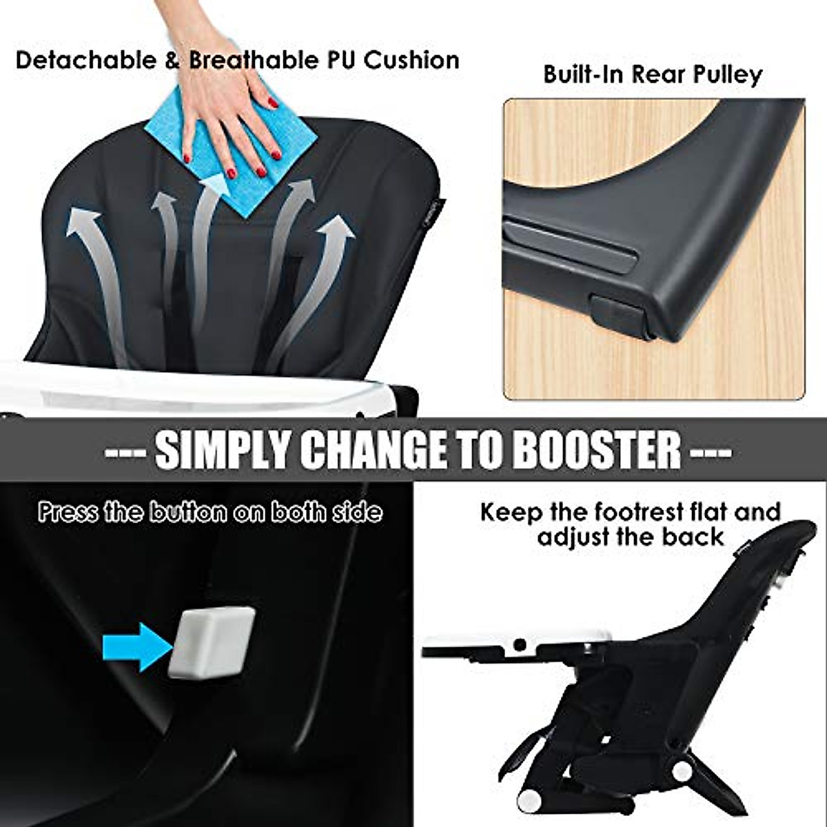 INFANS 4 in 1 High Chair–Booster Seat, Convertible Highchair w/Adjustable Height and Recline, Removable Tray, Detachable Cushion, Installation-Free, Simple Fold for Baby, Infant & Toddler, Black