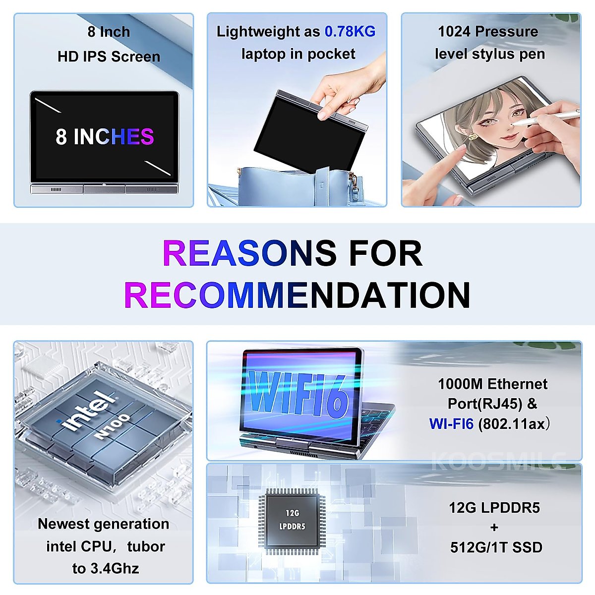 KOOSMILE Mini Laptop,8 inch HD Touch Screen Mini Computer Windows 11 Pro,Intel N100 4 Cores 2-in-1 Pocket PC 12GB LPDDR5 RAM 512GB M.2 SSD, Gigabit | Wi-Fi 6 | BT5.2 | 2MP Camera | G-Sensor | HDMI