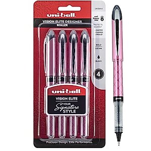 Uniball Vision Elite Rollerball Pens, Black Pens 4-Pack - Stylish Bold Pens with 0.8mm Ink, Ink Black Pen, School Pens, Smooth Writing Pens, School and Office Supplies