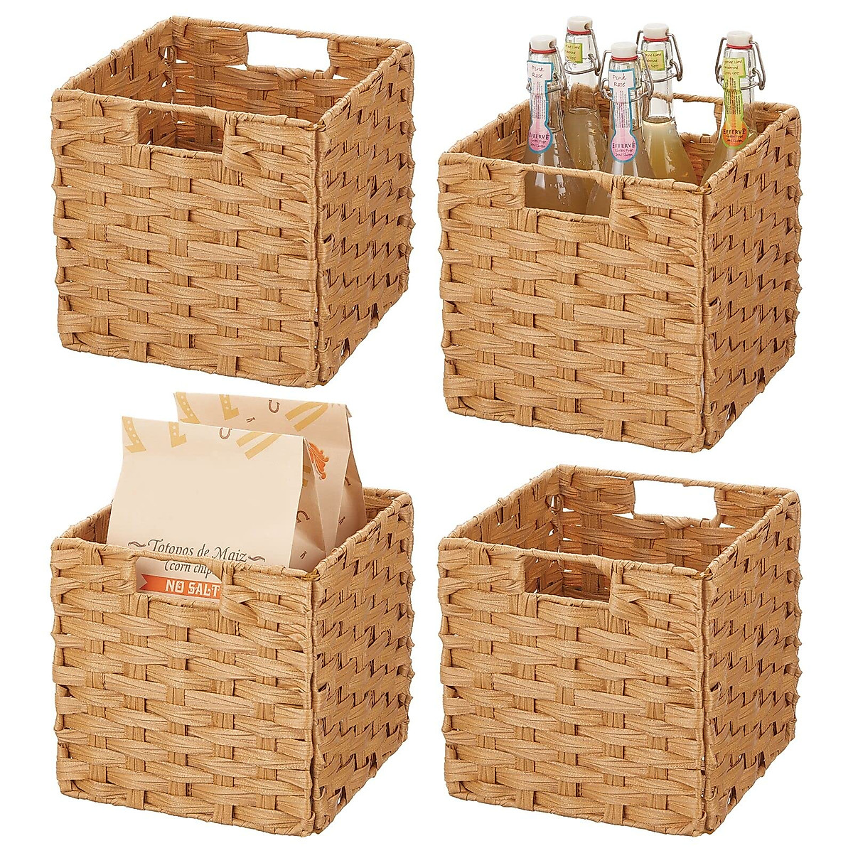 mDesign Woven Farmhouse Kitchen Cubby Food Storage Organizer Bin, Cube Container Organization for Pantry Cabinets, Cupboards, Shelves, Countertop, Store Potatoes, Onions, Fruit, 4 Pack, Camel Brown