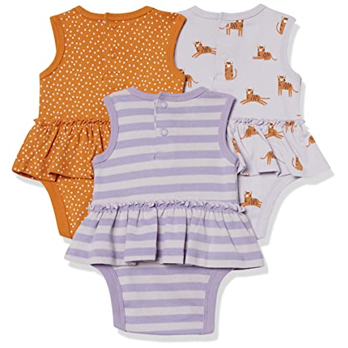 Amazon Essentials Baby Girls' Sleeveless Bodysuit Dress, Pack of 3, Gold Dots/Lilac Cheetah/Purple Stripe, 3-6 Months