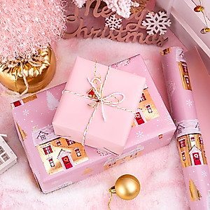 WRAPAHOLIC Reversible Christmas Wrapping Paper - 30 Inch X 100 Feet Jumbo Roll Pink House with Christmas Tree and Polka Dots Design with Metallic Foil Shine