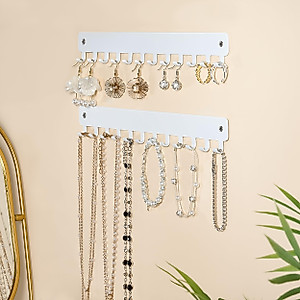bussdis Drill-In Necklace Organizer: Sturdy Necklace Holder Wall Mounted with Hooks for Tangle-Free Jewelry Storage – Space-Saving Wall Necklace Hanger, White, 2 PCS