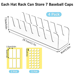 4 Pack Hat Storage Organizer for Baseball Caps - Acrylic Hat Display Rack for 28 Ball Caps, No Install Hat Stand Shelf for Trucker Hat and Golf Cap, Hat Holder for Closet, Bedroom (Clear)