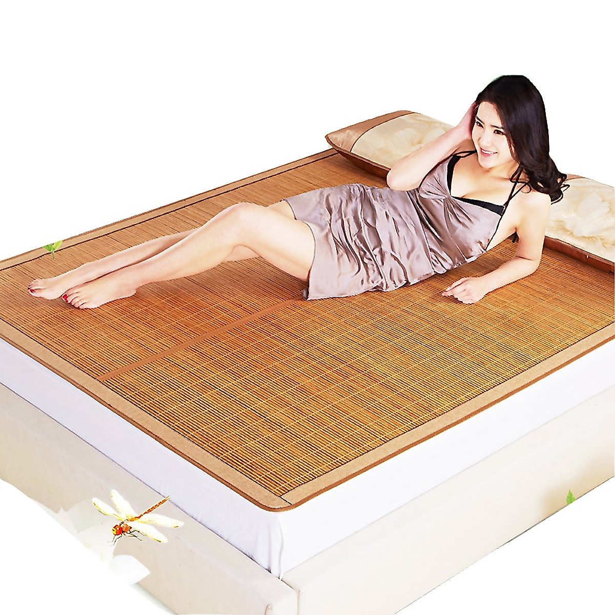 Summer Sleeping mat, 3-Piece Bamboo mat King mat Double-Sided Folding Air Conditioning mat Queen-A 150x195cm(59x77inch)