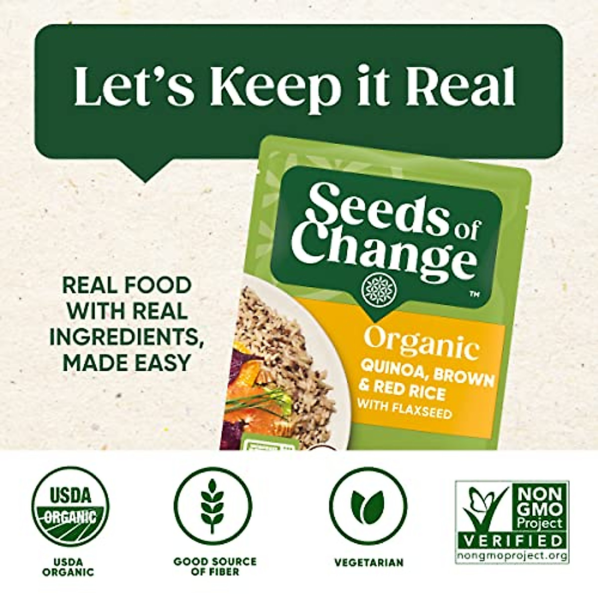 SEEDS OF CHANGE Organic Quinoa, Brown & Red Rice with Flaxseed, Microwaveable Ready to Heat, 8.5 Ounces (Pack of 6)