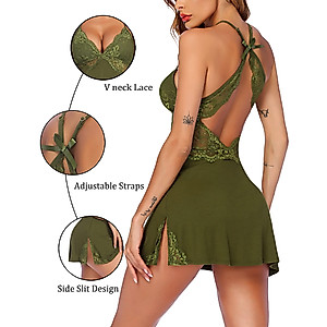 Avidlove Women Lingerie V Neck Nightwear Sexy Lingerie Sleepwear Lace Chemise Slip Dress Jungle Green