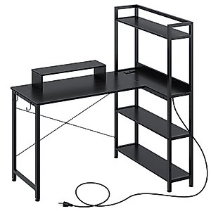 Rolanstar Computer Desk with Shelves, 47 Inch Home Office Desk with Power Outlet, Writing Table Workstation with Monitor Stand and Reversible 4-Tier Bookshelf, Study Corner Desk for Small Space, Black