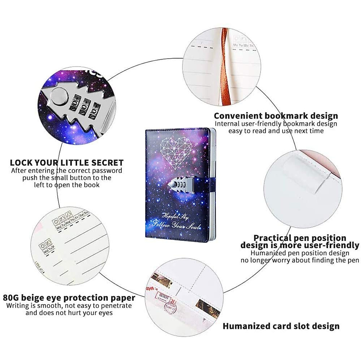 A5 PU Leather Diary with Lock Digital Password Notebook Locking Journal Writing Notebook with a Pen for Women and Girls Heart Shaped Stationery ,Purple