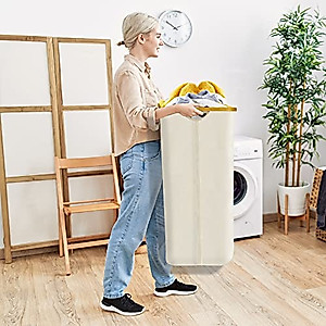 Large Laundry Basket with Lid, Beige 100 L Laundry Hamper with Bamboo Handles, Portable Clothes Hamper for Bathroom, Bedroom, Toy Room, Freestanding Collapsible Laundry Baskets