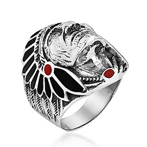 Simulated Black Onyx & Reconstructed Red Coral Accented Native American Style .925 Sterling Silver Ring (9)