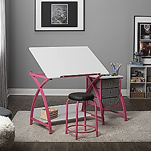 SD STUDIO DESIGNS 2 Piece Comet Center Plus, Craft Table and Matching Stool Set with Storage and Adjustable Top, 50" W x 23.75" D x 29.5" H, Pink/White