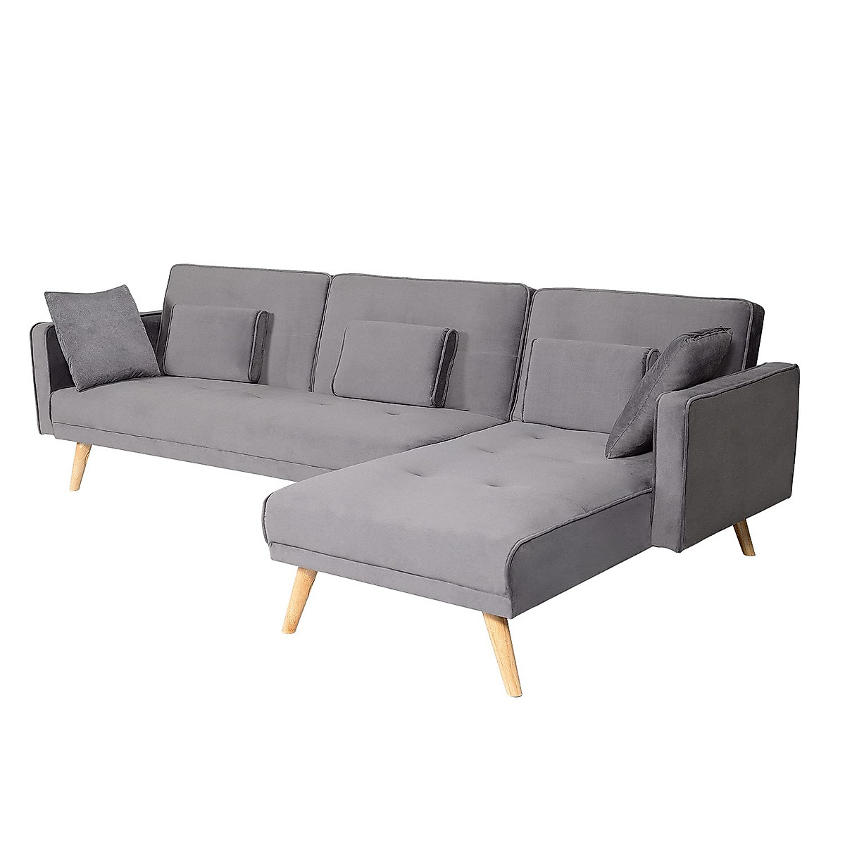 Eafurn L-Shaped Sectional Sofa with Adjustable Backrest and Chaise Lounge,3 Seat Upholstered Sleeper Futon Couch with Solid Wood Legs,Right Hand Facing Tufted Seater Sofa & Couch with 5 Pillows