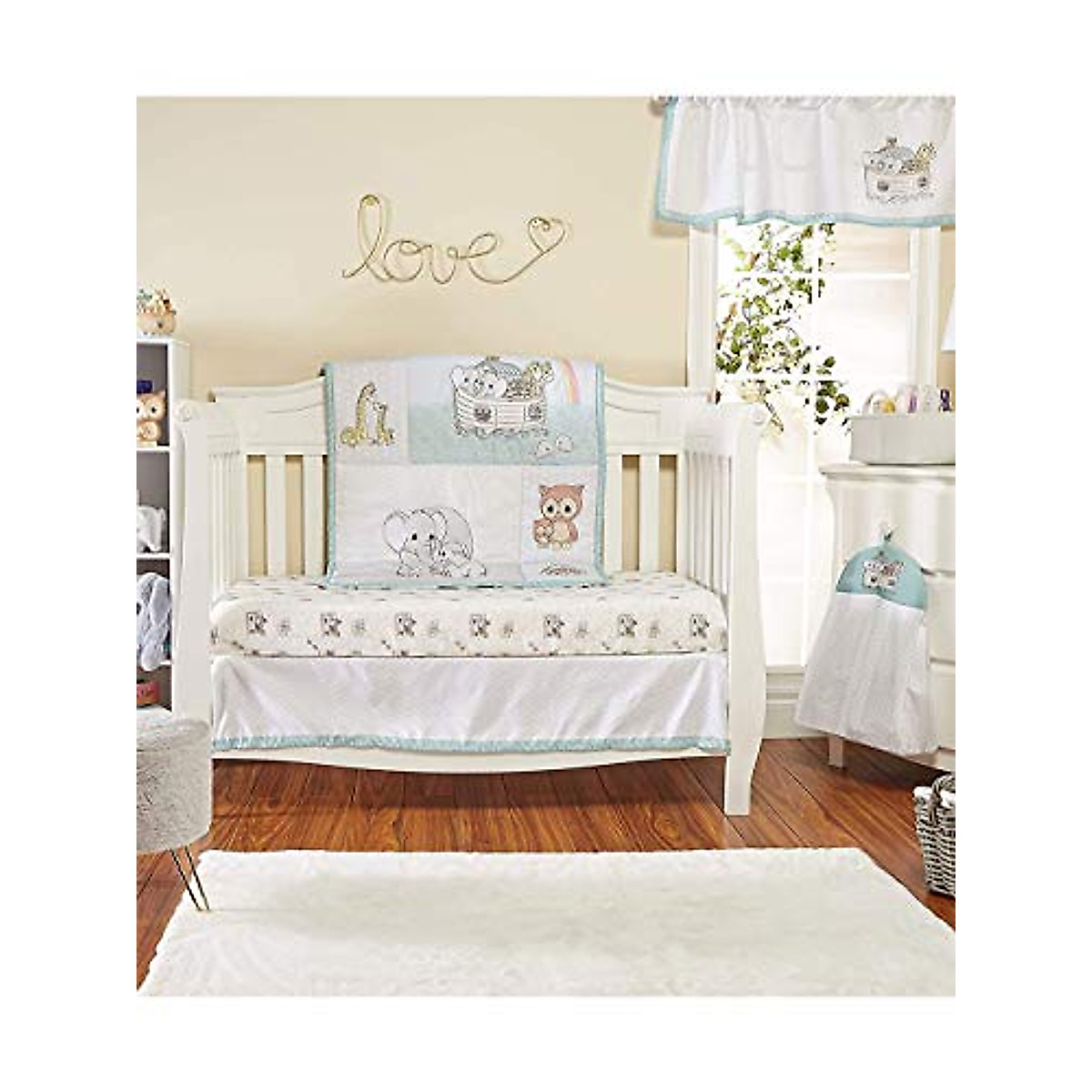 EVERYDAY KIDS Precious Moments Noah’s Ark 4 Pc Crib Bedding for Boys Nursery Set Includes Baby Bed Quilt, Fitted Sheet, Dust Ruffle and Diaper Stacker with Sweet Images of Elephants and Giraffes