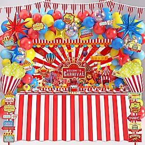 Carnival Party Decorations Circus Theme Birthday Party Supplies Including Red Blue Yellow Balloon Garland Arch Kit Table Skirt Circus Directional Sign Triangle Bunting for Birthday Party