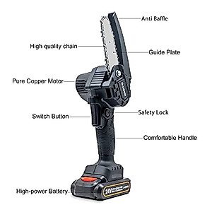 Mini Chainsaw, O-CONN 4 Inch 24V Battery Powered Cordless Chainsaw w/ 2.0Ah Battery and Charger, Handheld Portable Electric Small Chain Saw, for Tree Trimming Branch Wood Cutting (1 Battery 1 Chain)