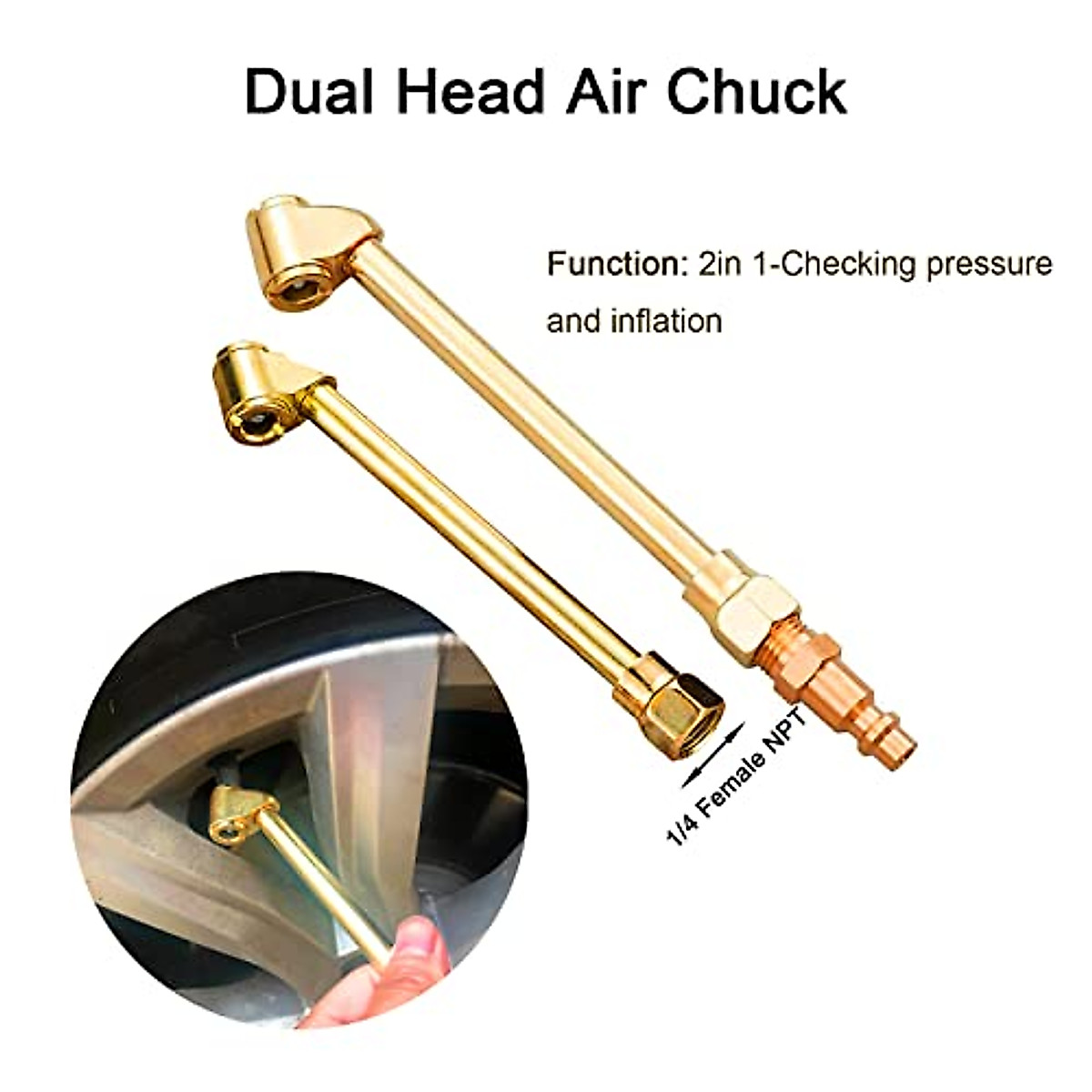 Kabcifea 10 PCS Heavy Duty Brass Air Chuck Set,Dual Head Air Chuck,1/4 Inch Dual NPT Closed Ball Air Chuck,Closed Flow Tire Chuck,Air Hose Quick Connect Adapter with 1 PCS Thread Seal Tape