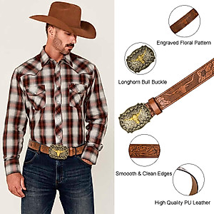 Mealah Men-Women-Western-Cowboy-Belt PU-Leather Floral Engraved-Bull-Buckle-Belts for Jeans (for 25" to 38" Waist)