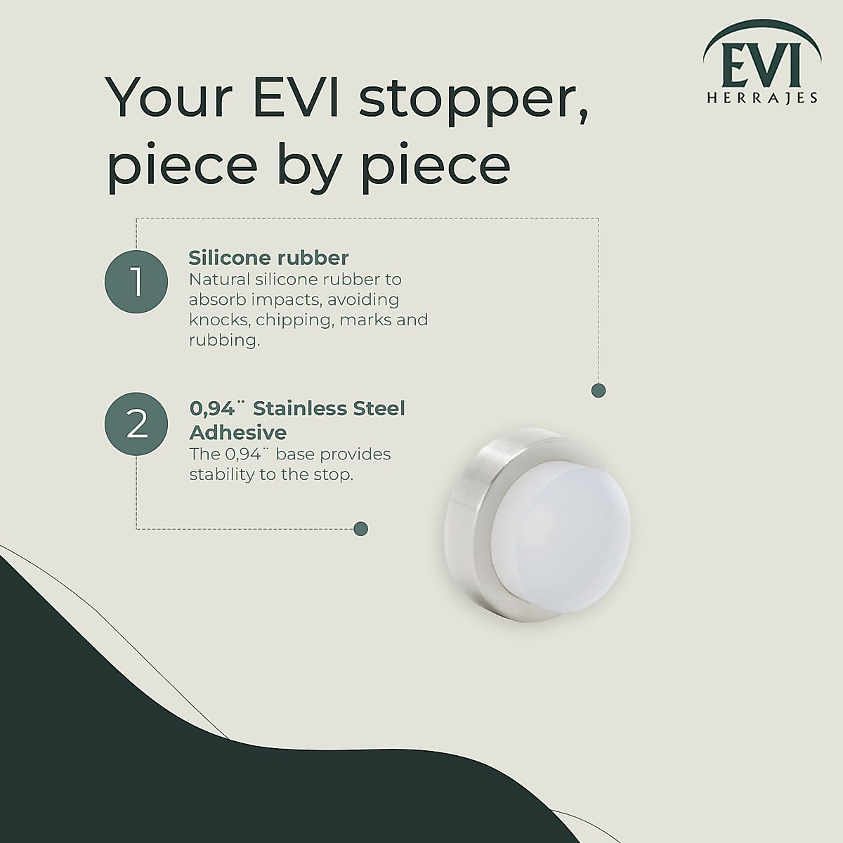 EVI | Wall/Handle Adhesive Doorstop | 0.9'' X 0.55'' | White Rubber | V2A Stainless Steel | Matte Finish | Includes Screw + Clamping Anchor | Mod. I-205/24