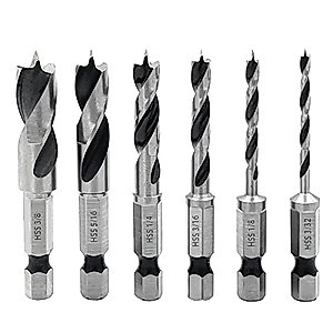 Saipe 6pcs 1/4" Quick Change Hex Shank Wood Brad Point Stubby Short Drill Bit Set HSS 4241 Woodworking Drill for Right Angle Drill and Used in Tight Spaces