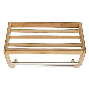 Bamboo Wall Mount Shelf with 2-Tier Curved Towel Rack by Home Basics | Open Slanted Shelf Organizer Rack with Natural Finish | Strong Steel Rod Towel Bars