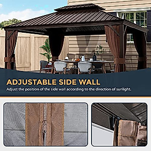 HAPPATIO 12' x 16' Hardtop Gazebo, Galvanized Steel Patio Double Roof Aluminum Gazebo with Curtains and Netting, Metal Permanent Pavilion Outdoor Gazebos for Patios, Gardens (Brown)